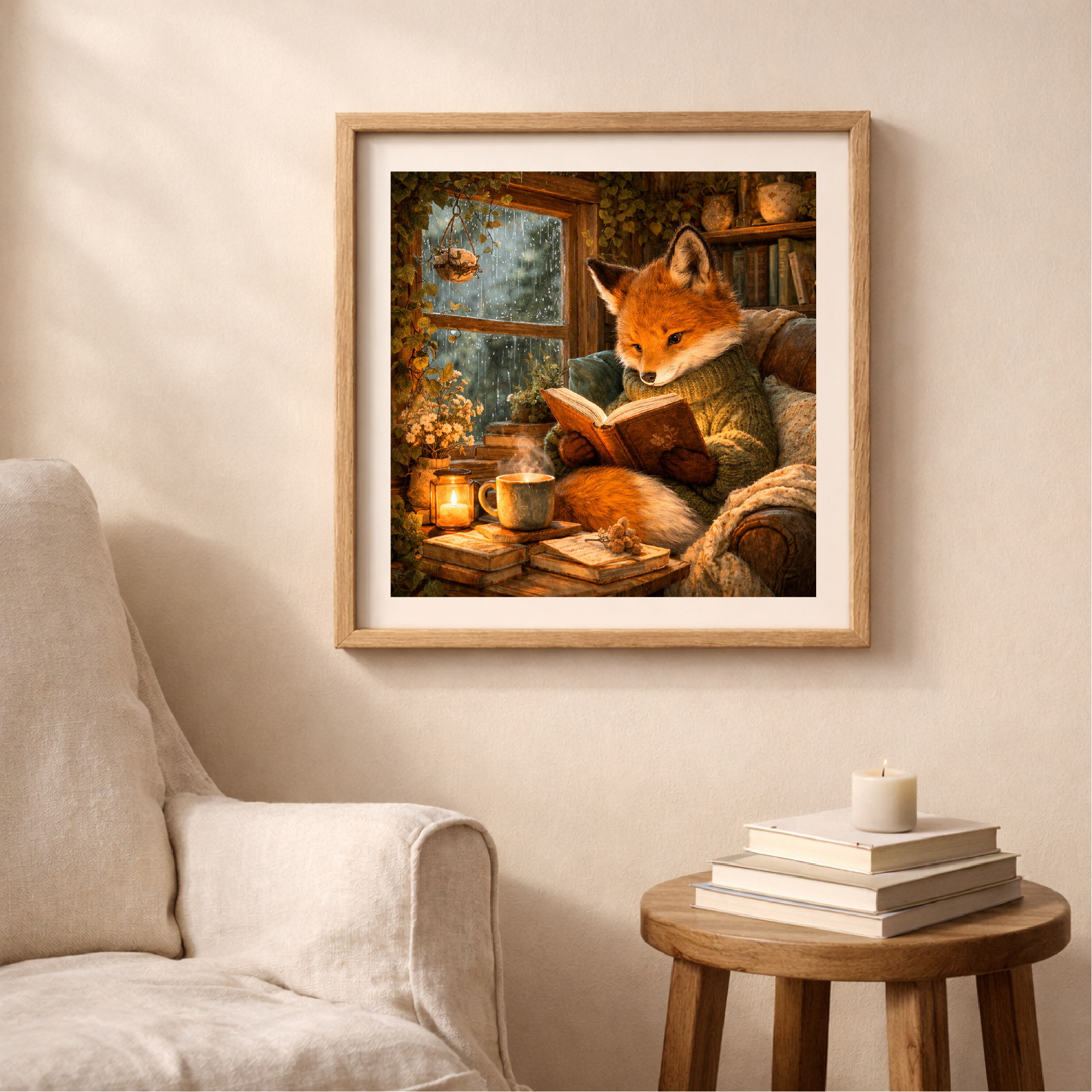 Woodland Fox Reading Illustration Cottagecore Printable Wall Art