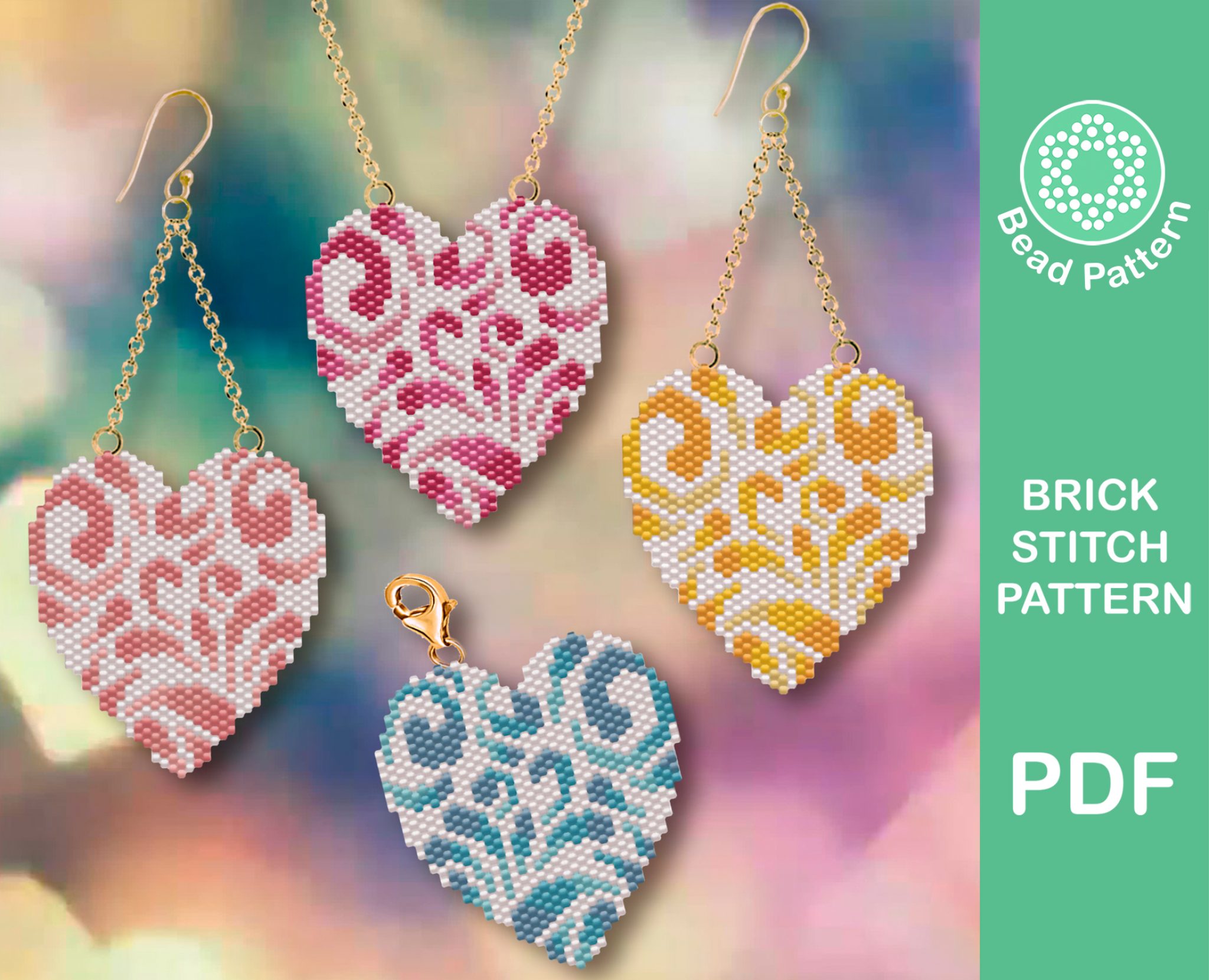 floral heart earrings brick stitch pattern PDF bead pattern