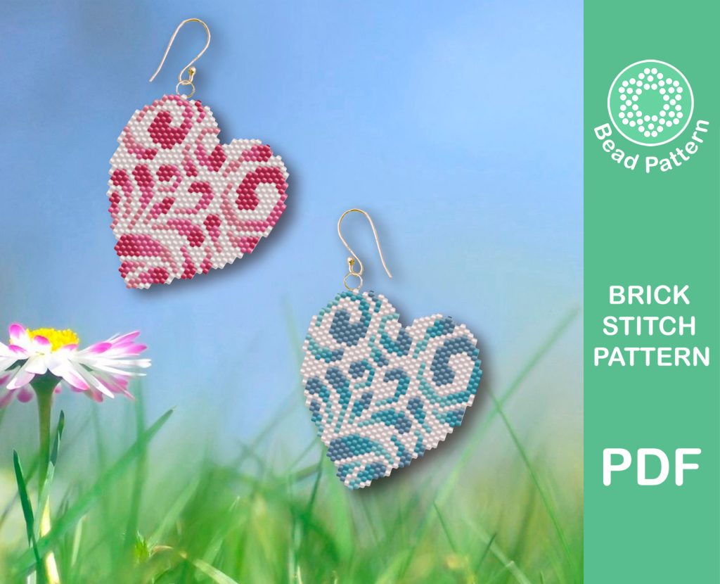 floral heart earrings brick stitch pattern PDF bead pattern