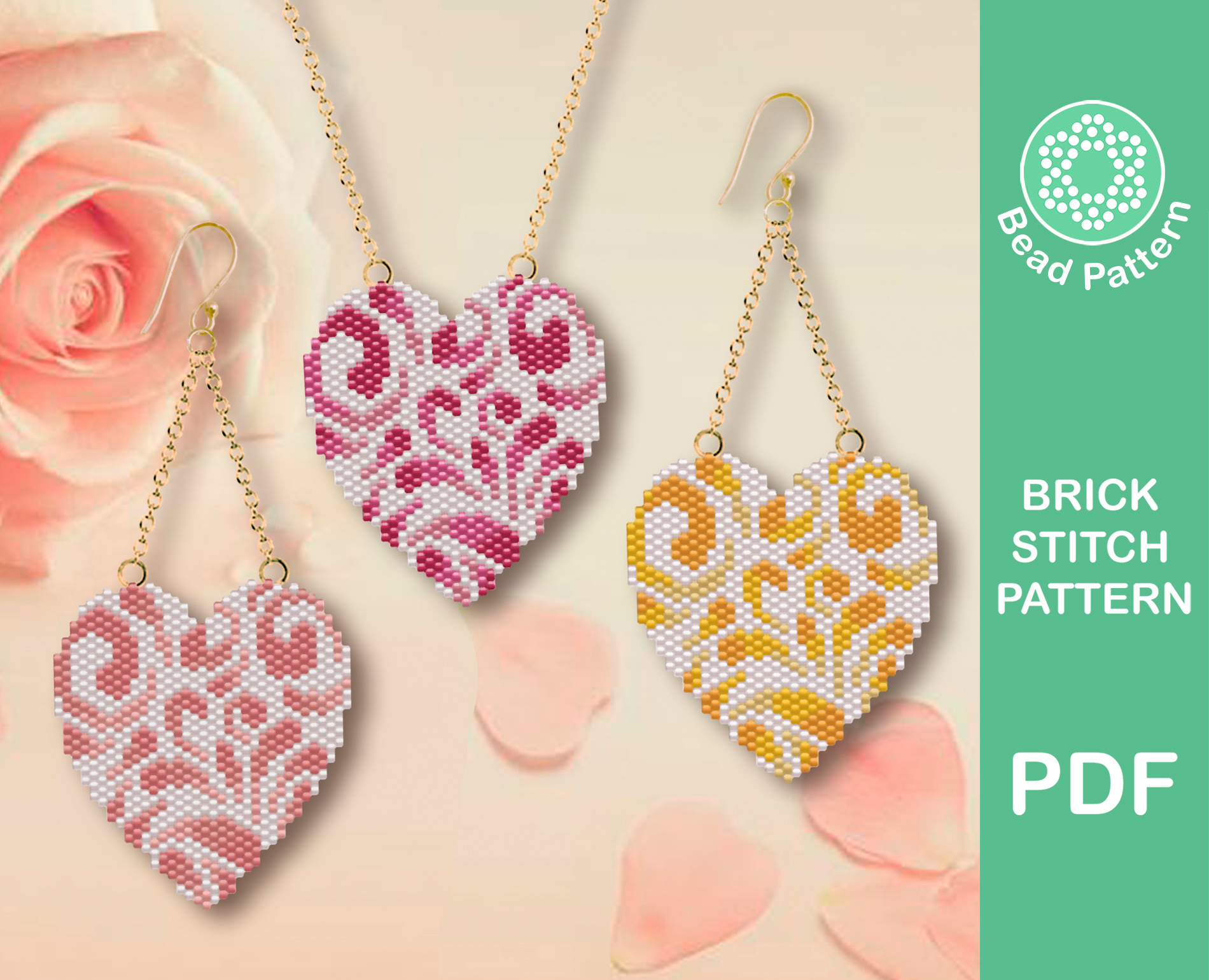 floral heart earrings brick stitch pattern PDF bead pattern