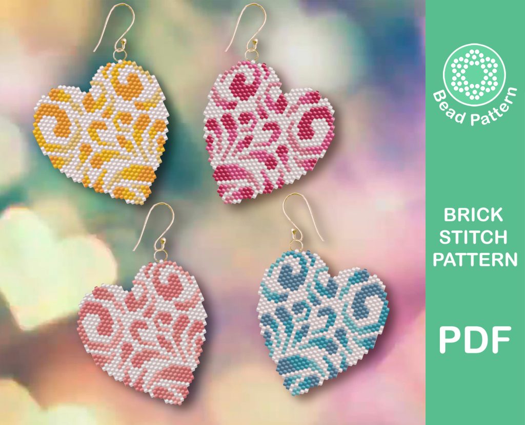floral heart earrings brick stitch pattern PDF bead pattern
