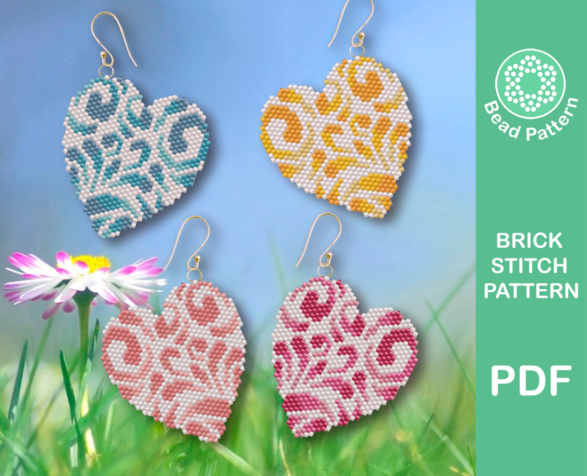 floral heart earrings brick stitch pattern PDF bead pattern