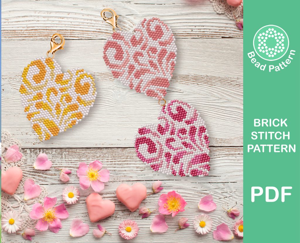 floral heart earrings brick stitch pattern PDF bead pattern