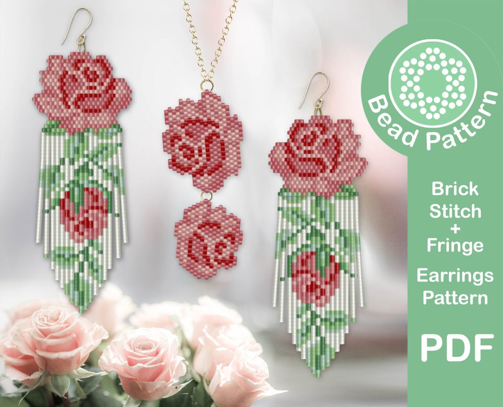 Roses fringe brick stitch earrings Miyuki bead pattern PDF