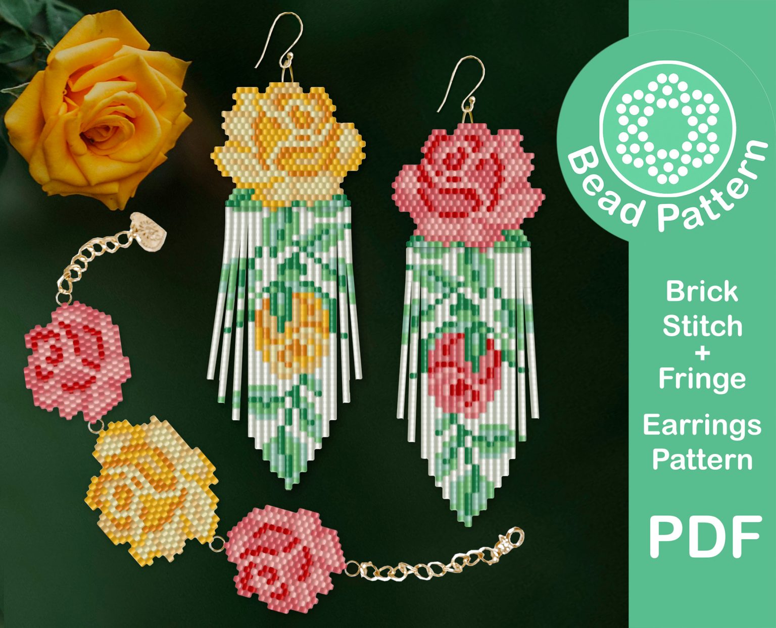 Roses fringe brick stitch earrings Miyuki bead pattern PDF