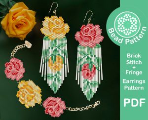 Roses fringe brick stitch earrings Miyuki bead pattern PDF