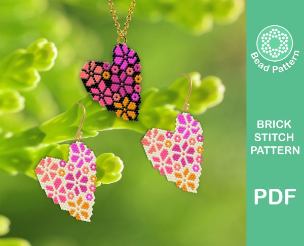 Heart brick stitch earrings pattern. Beaded Valentines PDF