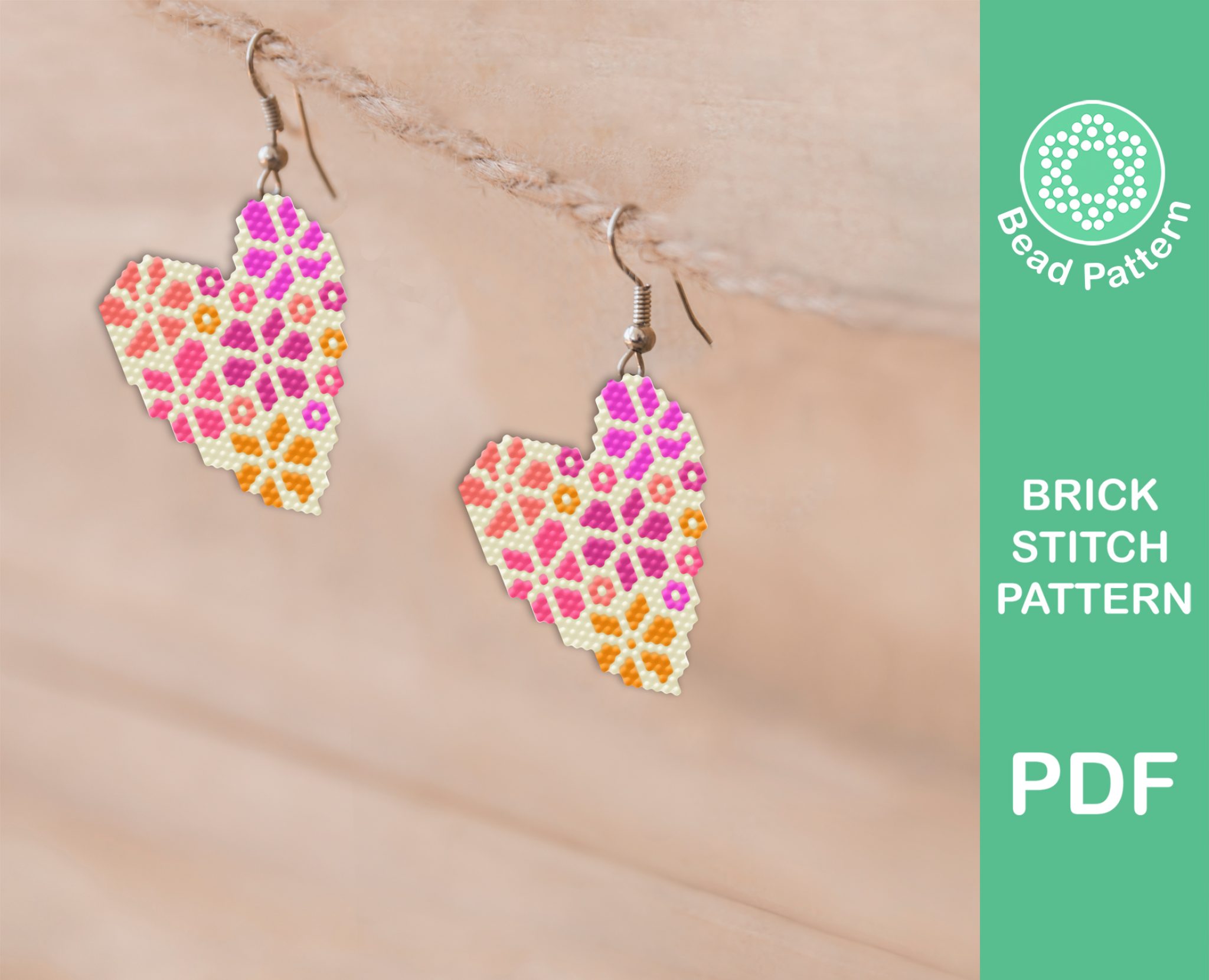 Heart brick stitch earrings pattern. Beaded Valentines PDF