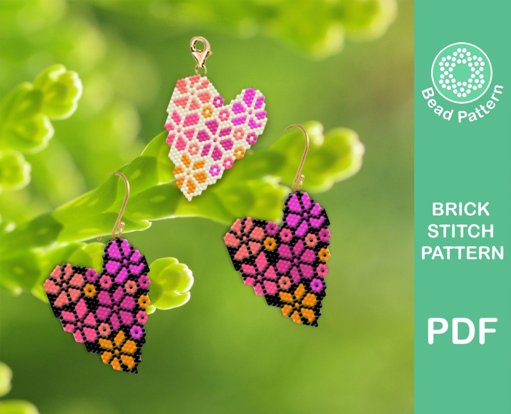 Heart brick stitch earrings pattern. Beaded Valentines PDF