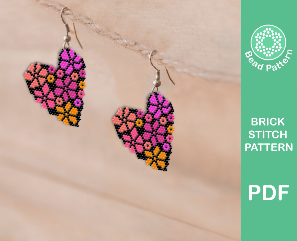 Heart brick stitch earrings pattern. Beaded Valentines PDF