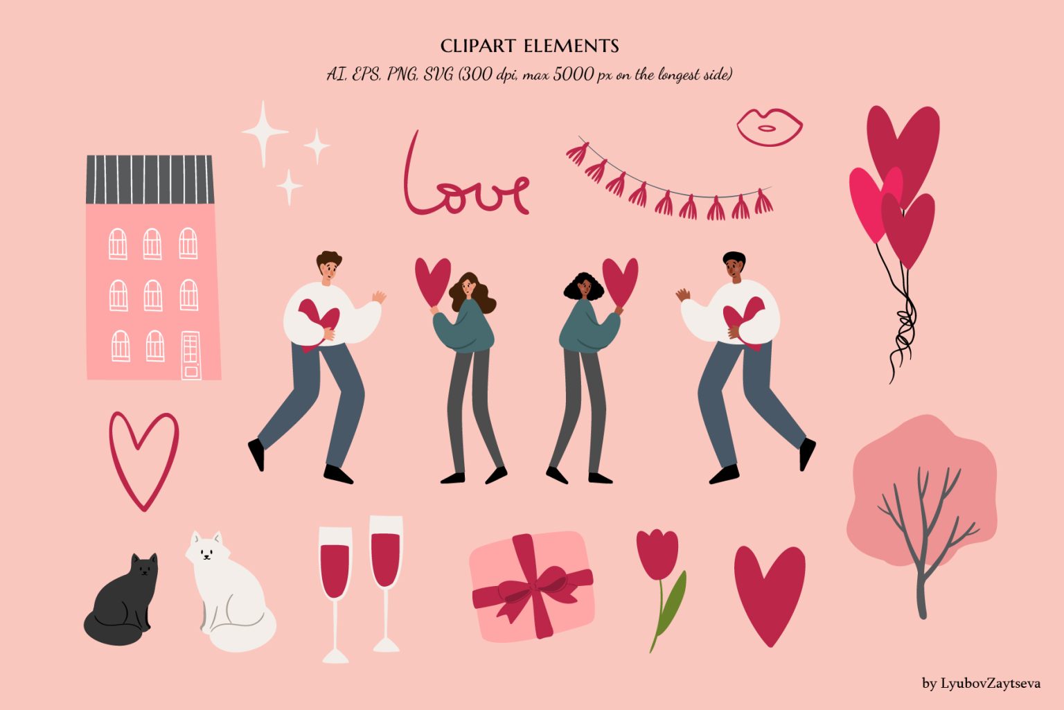 free valentines day clipart, couple love illustration - Crealandia