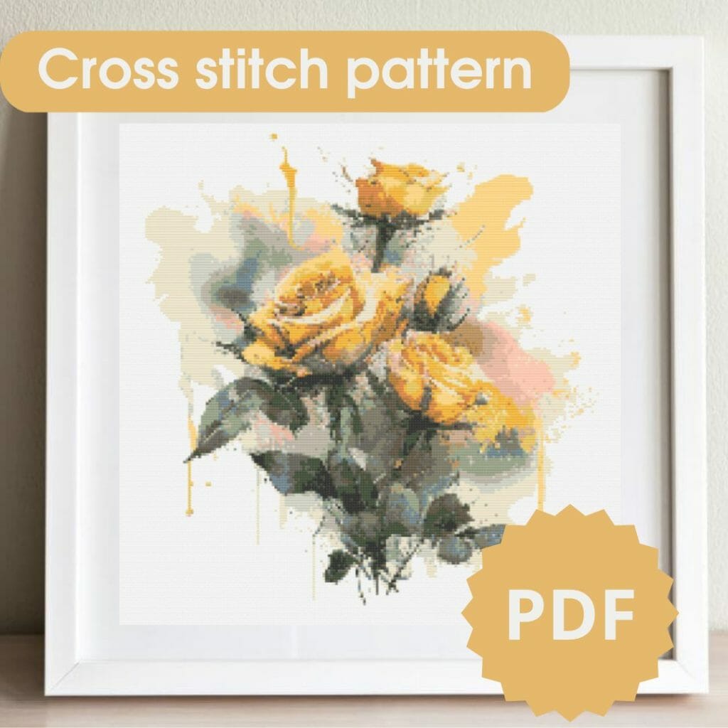 Yellow roses cross stitch pattern, printable chart PDF - Crealandia