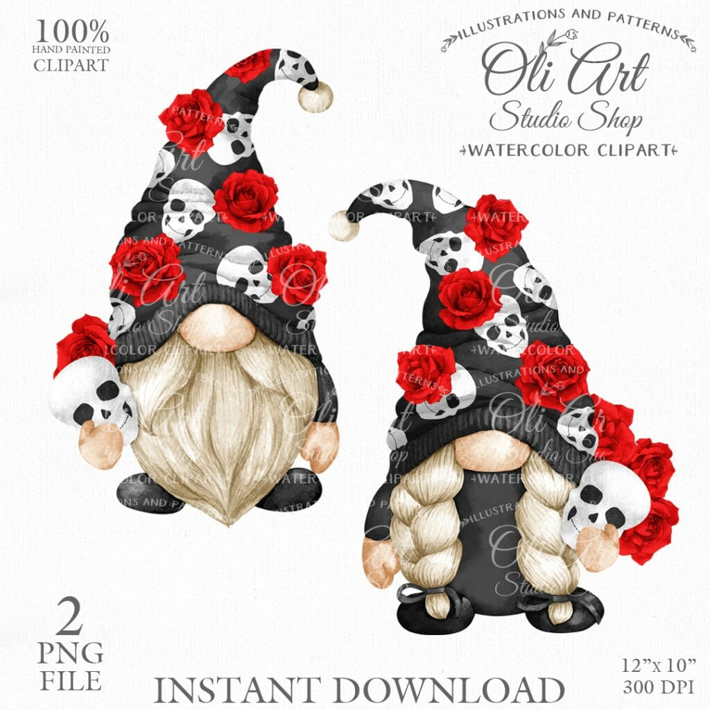 Gothic gnome Clip Art. Scull. Cute Characters. - Crealandia