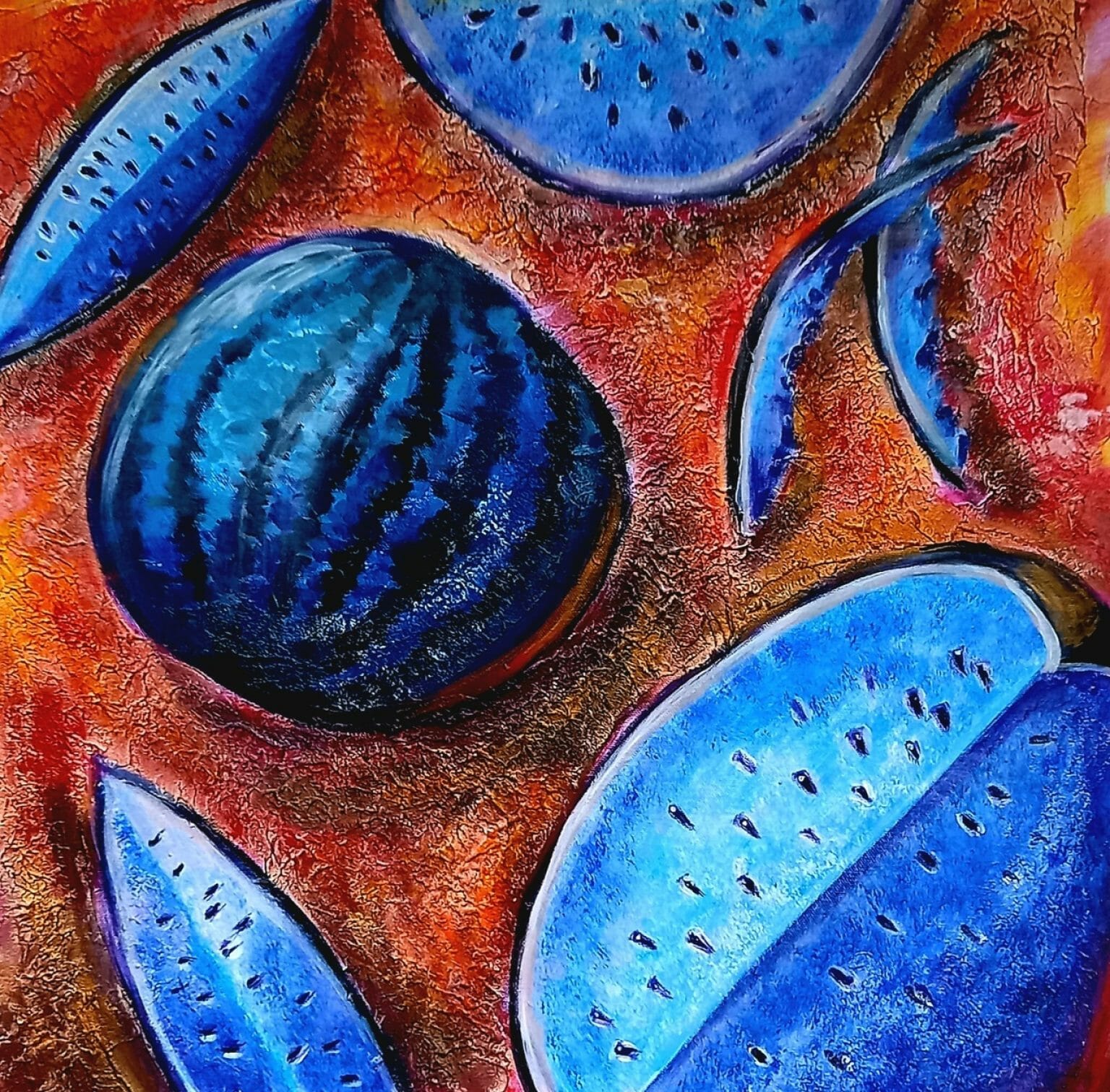 Watermelons painting 20*20" surrealism blue moon art Yalozik