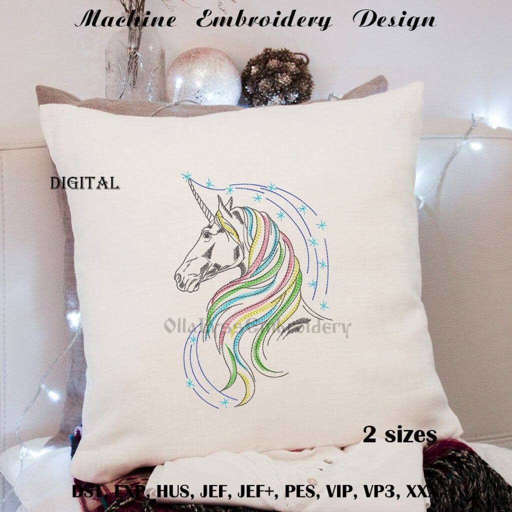 Magic rainbow unicorn machine embroidery design in 2 sizes