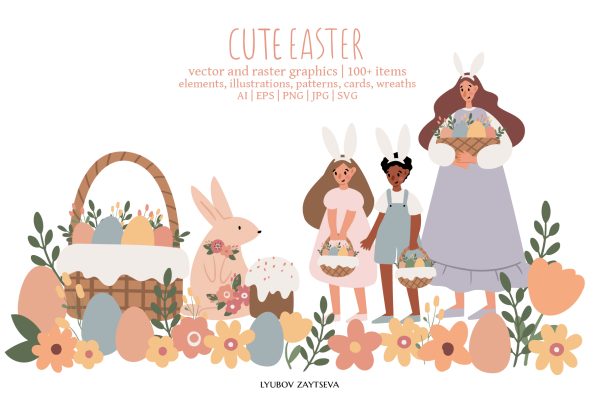 Happy Easter clipart, Cute bunny rabbit illustration card - Crealandia
