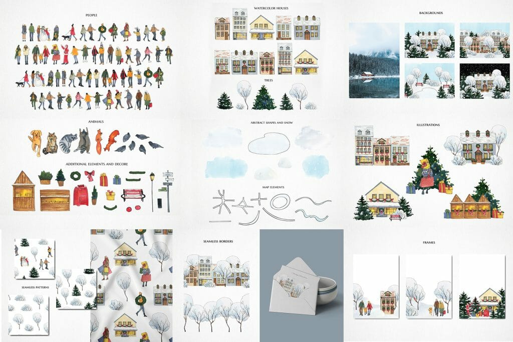 Watercolor winter wonderland illustration bundle - Crealandia