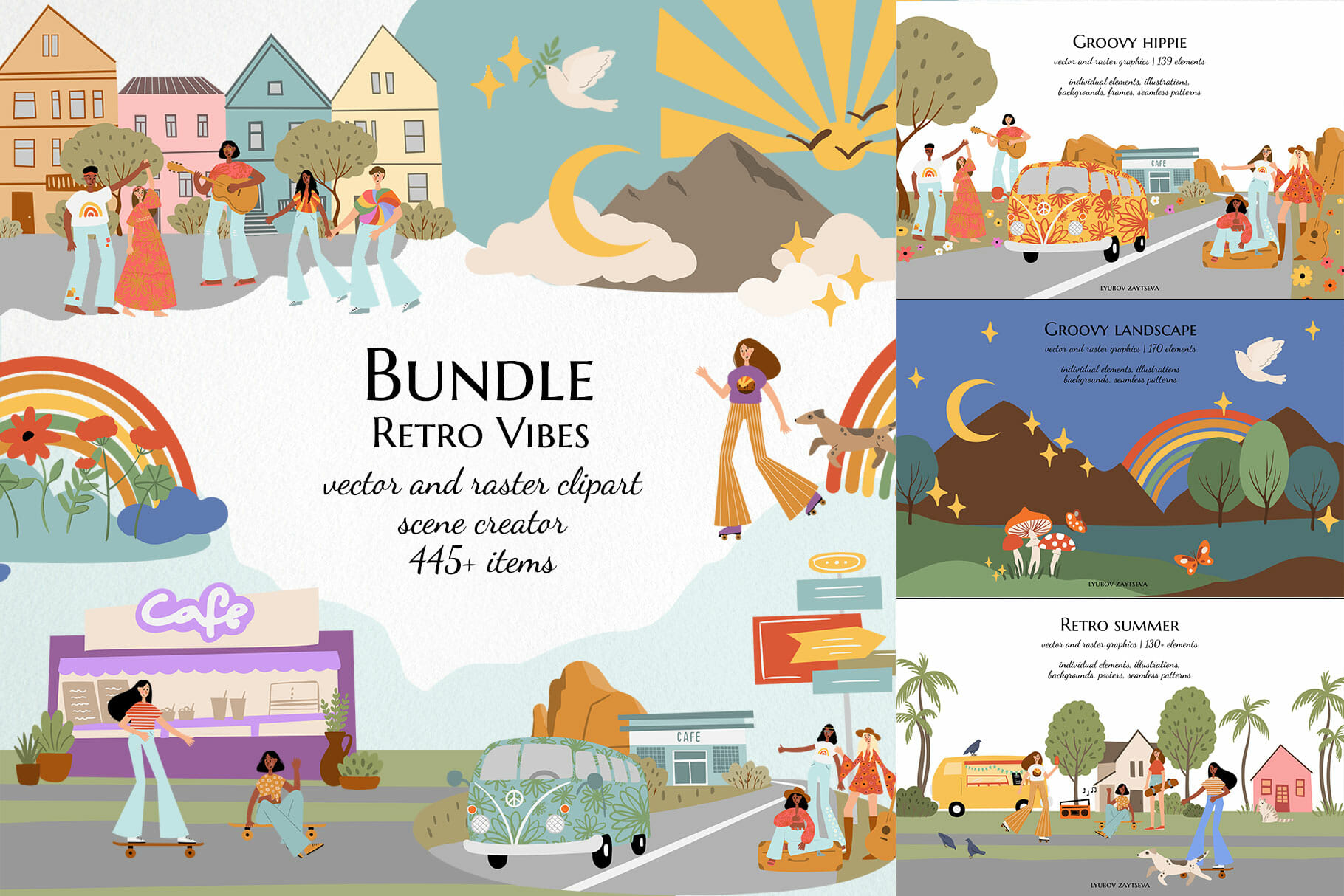 Retro vibes bundle, Groovy hippie clipart - Crealandia