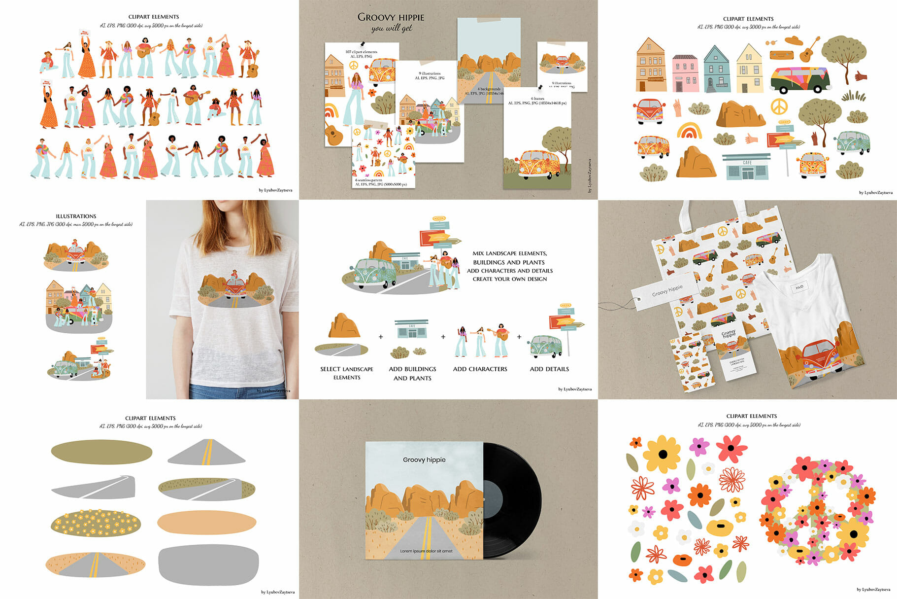 Retro vibes bundle, Groovy hippie clipart - Crealandia