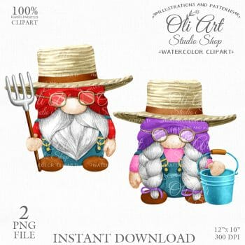 Gnome Farmer Clipart. Hand Drawn Graphics - Crealandia