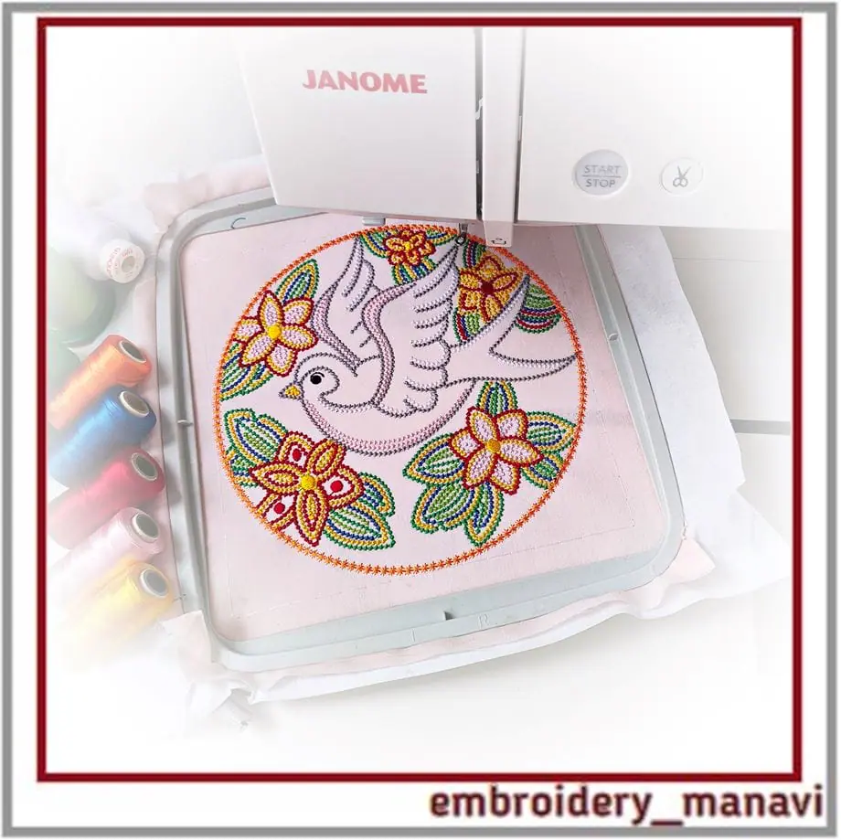 Point pattern machine embroidery design bird in flowers