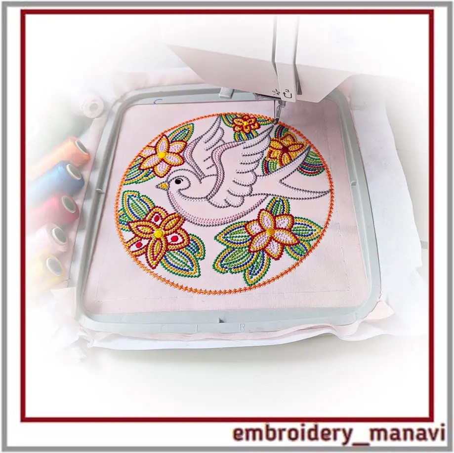 Point pattern machine embroidery design bird in flowers