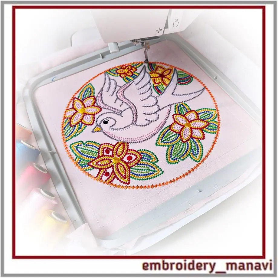 Point pattern machine embroidery design bird in flowers