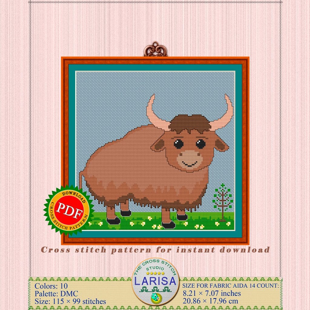 Yak Cross Stitch Pattern | Cute Yak Calf Chart - Crealandia