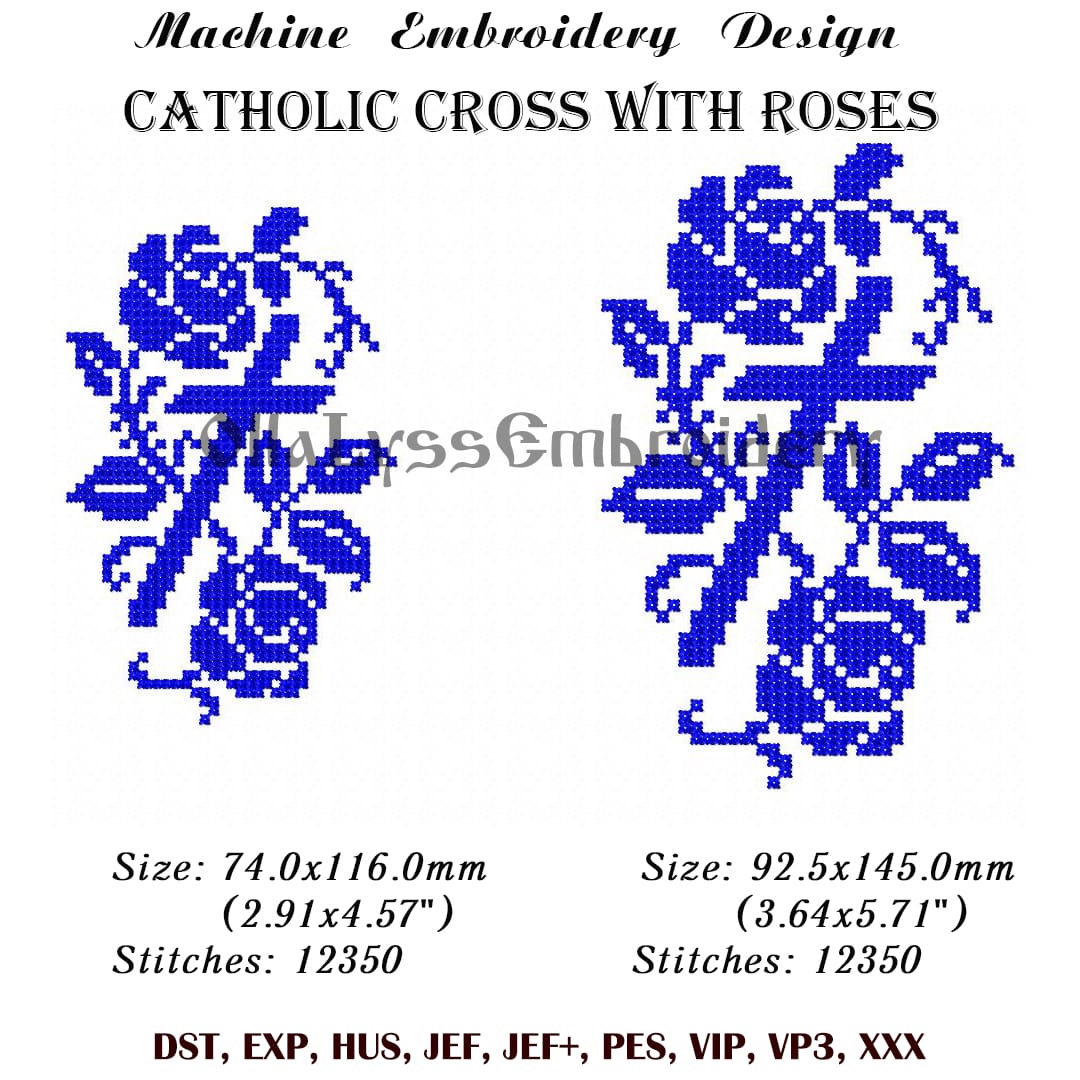 Catholic cross with roses embroidery design