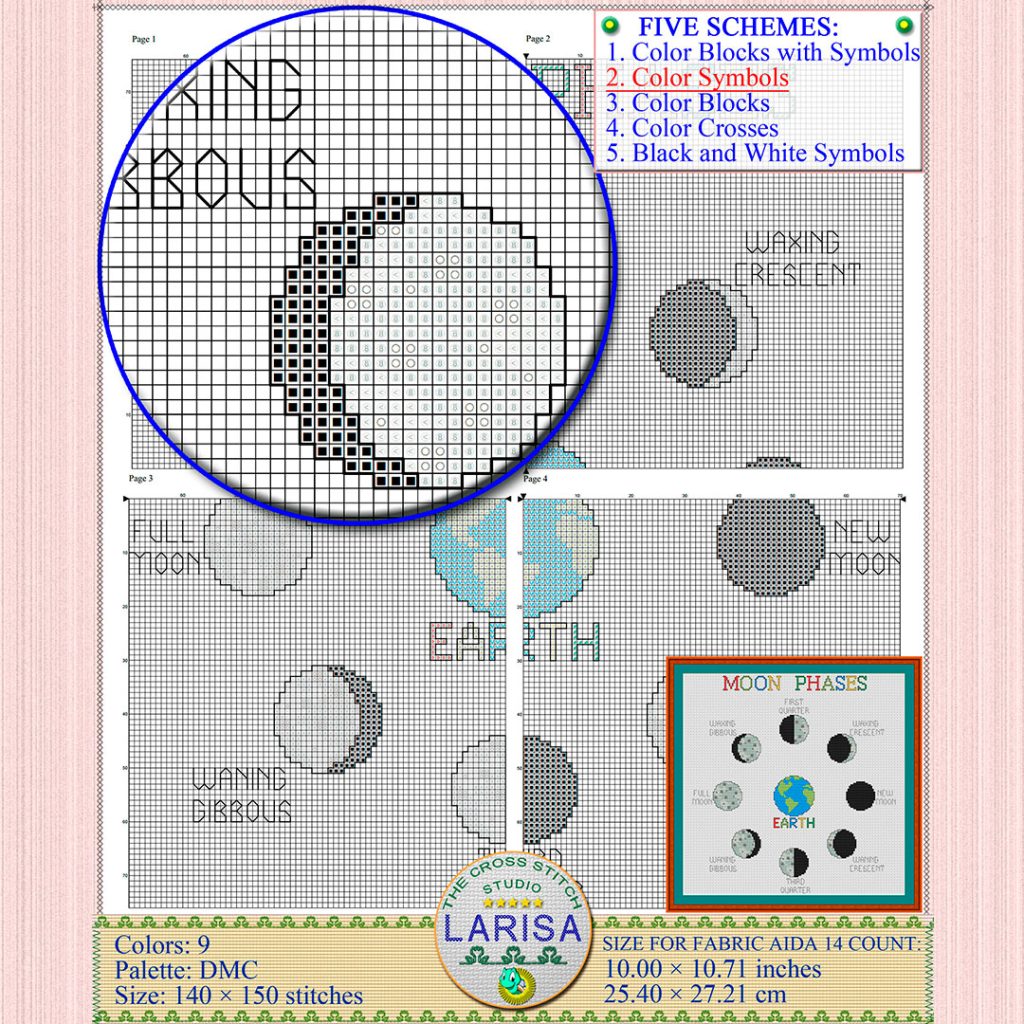Moon Phases Cross Stitch Pattern | Lunar Phases Chart - Crealandia