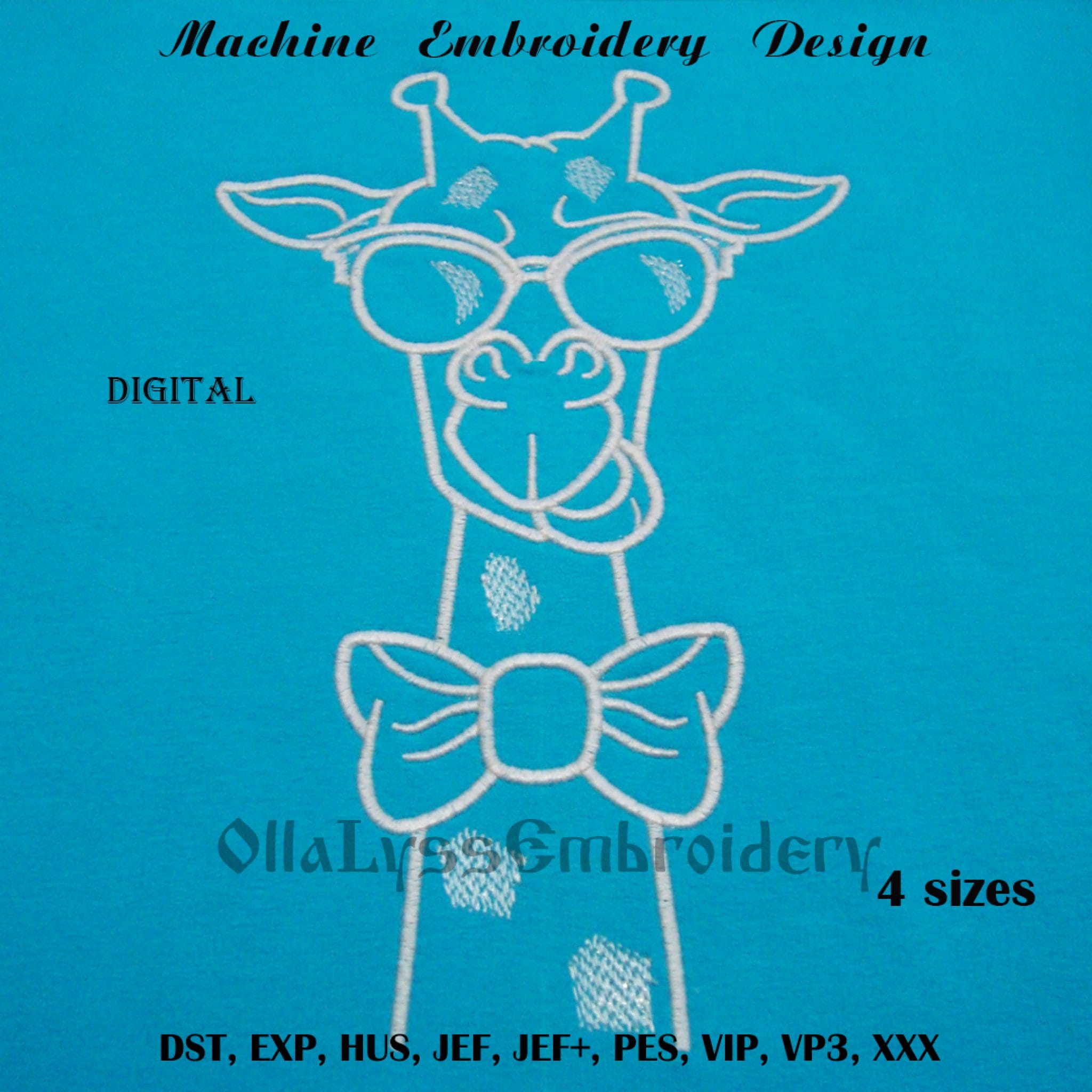 Giraffe with glasses machine embroidery design in 4 sizes