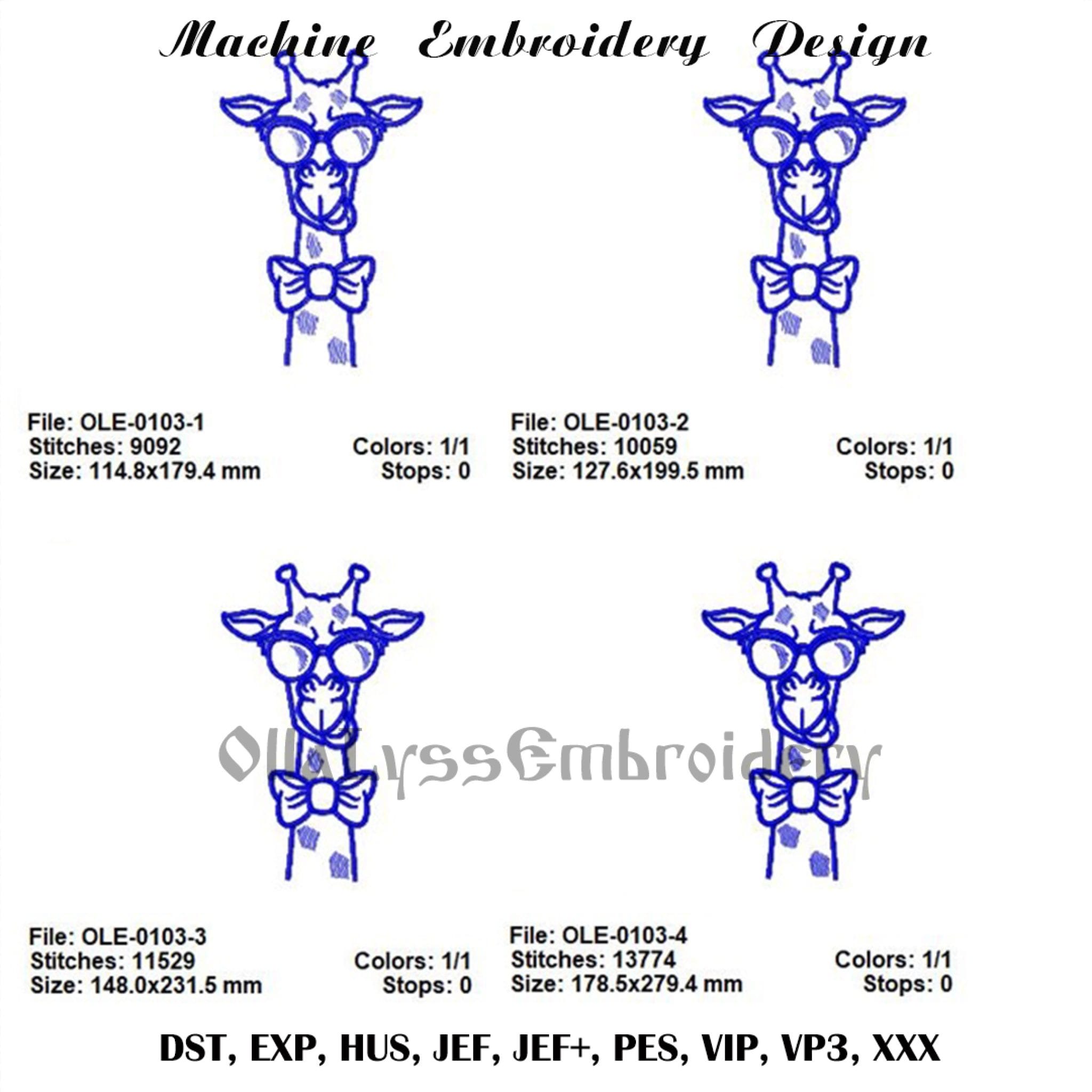 Giraffe with glasses machine embroidery design in 4 sizes