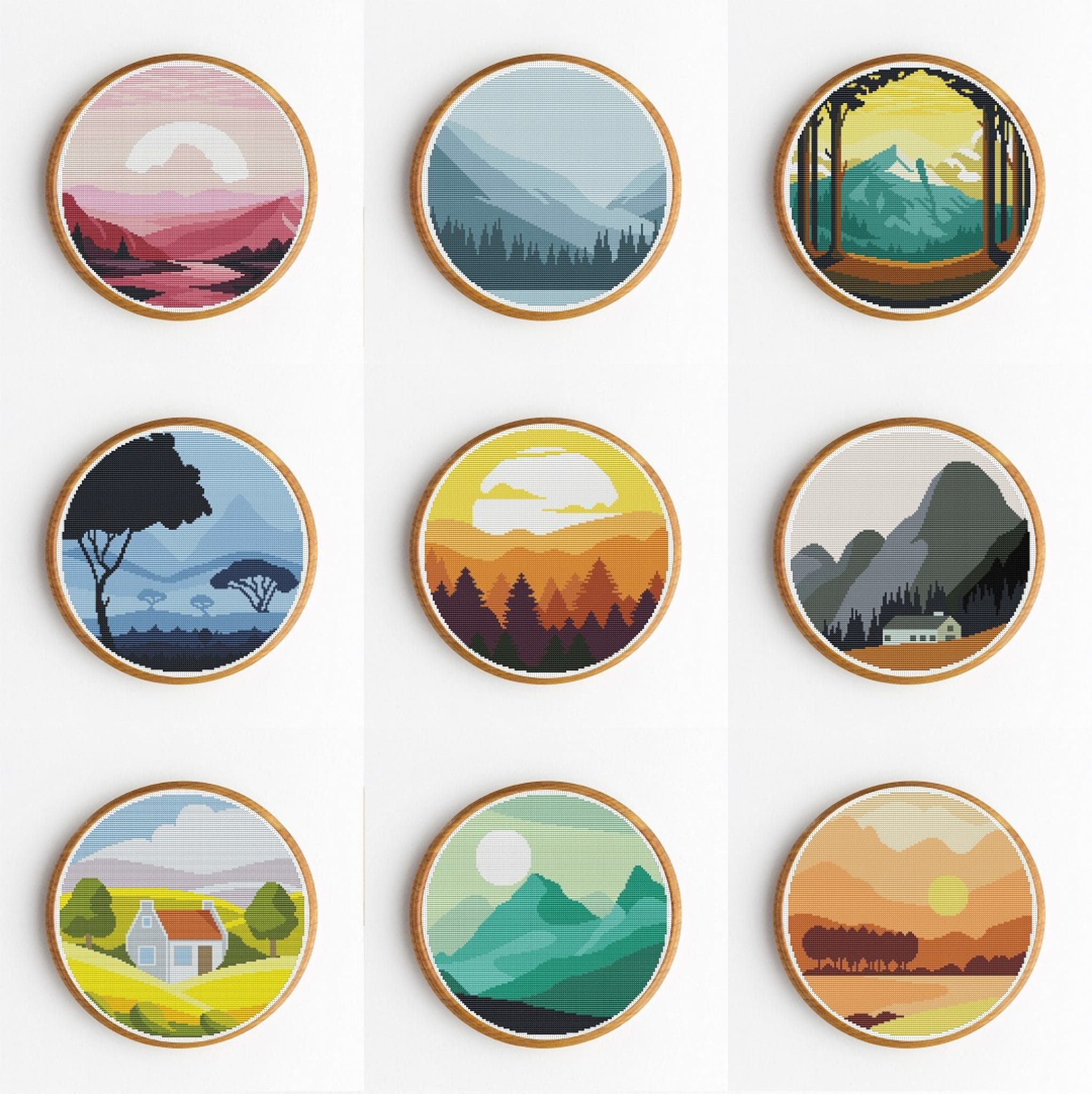 Cross Stitch pattern PDF Set 9 Landscapes, Wall Decor, Needlework, DIY