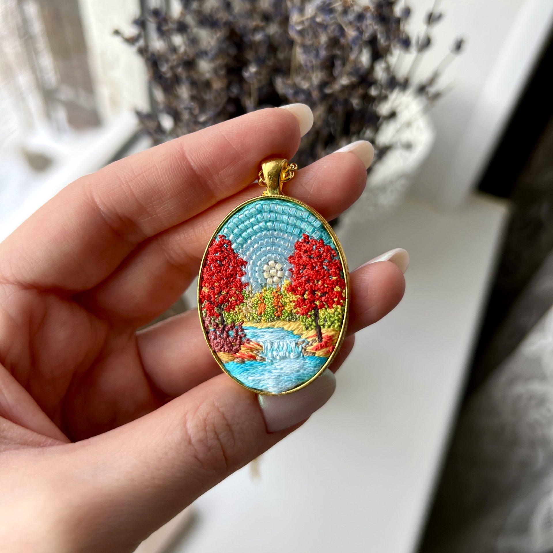 A set of five embroidered pendants, COMMISSIONED WORK - Crealandia