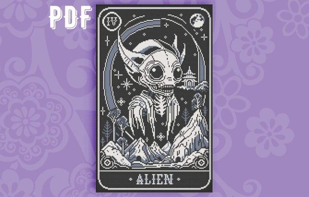 Alien Tarot Card cross stitch pattern, Gothic Cross Stitch