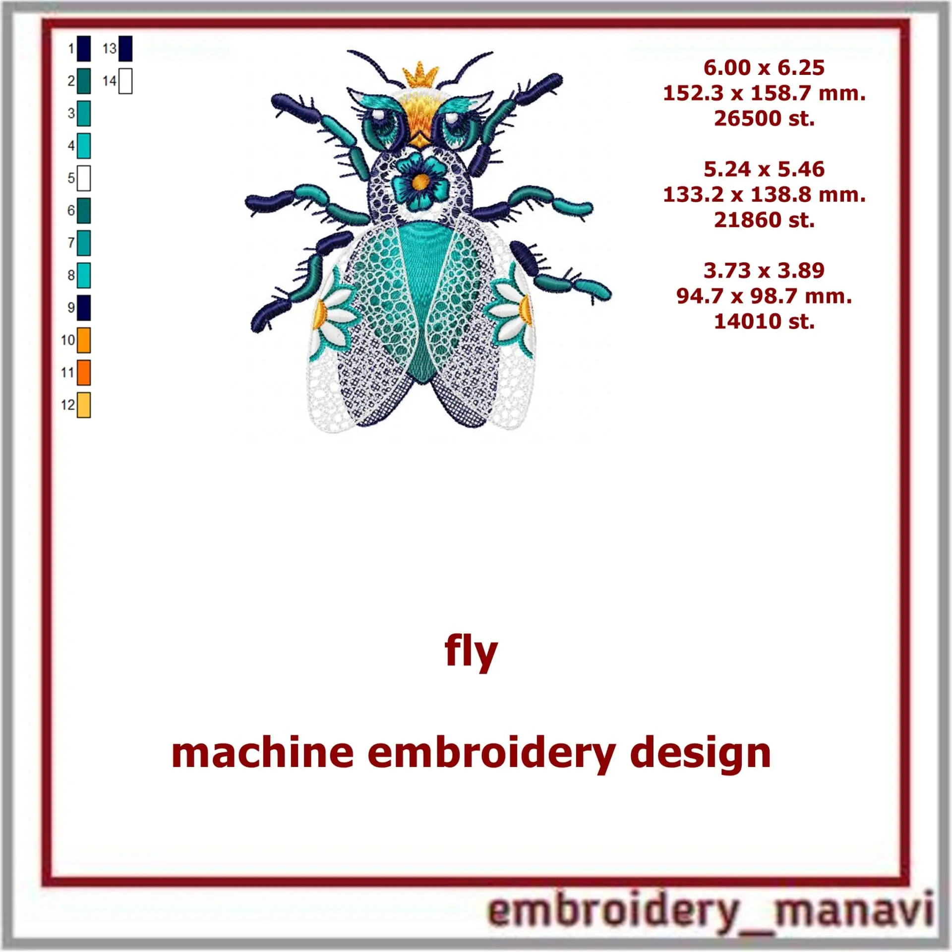 Machine embroidery design colored Fly - Embroidery Manavi 05