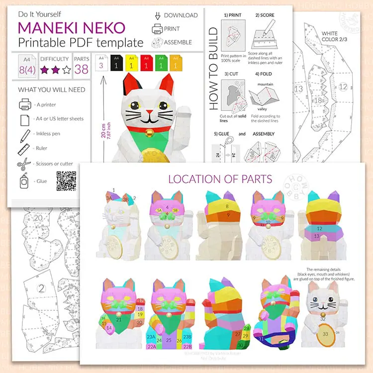 DIY Paper Maneki Neko, Lucky Paper Cat, 3D Papercraft, PDF template ...