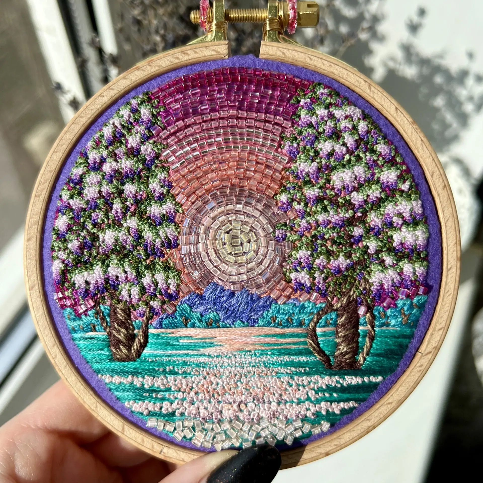 Pink Sunset, hand embroidery work - Crealandia