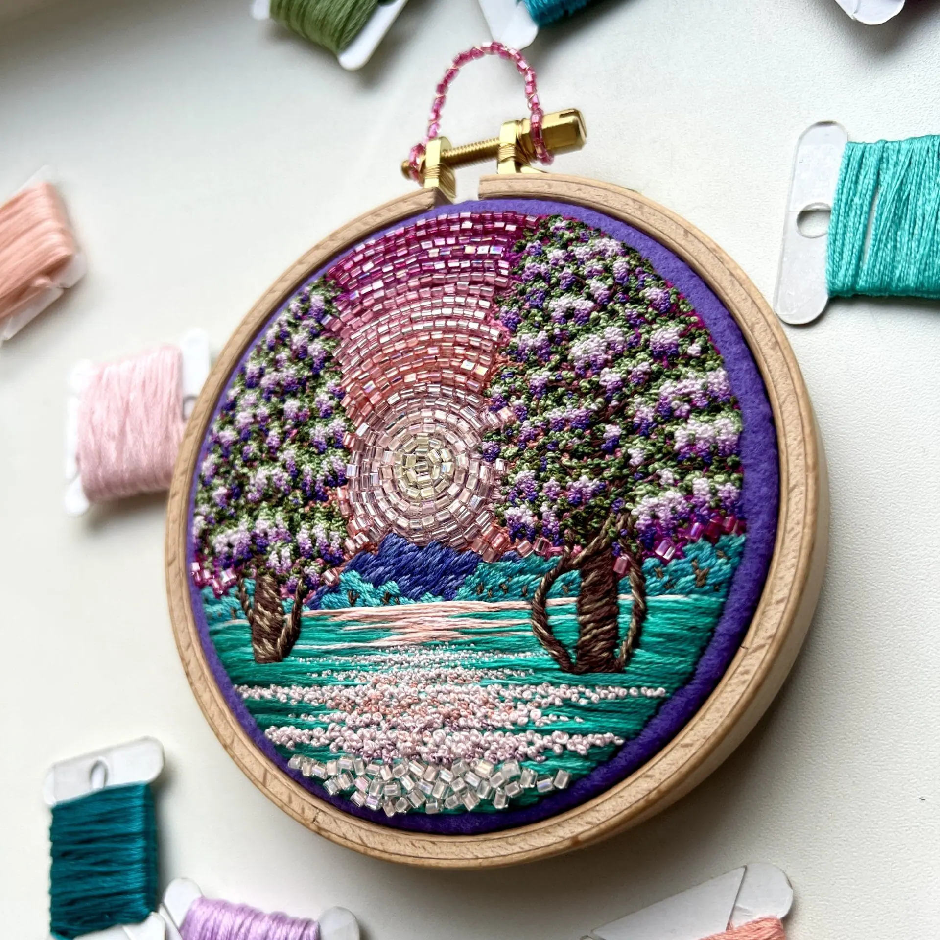 Pink Sunset, hand embroidery work - Crealandia