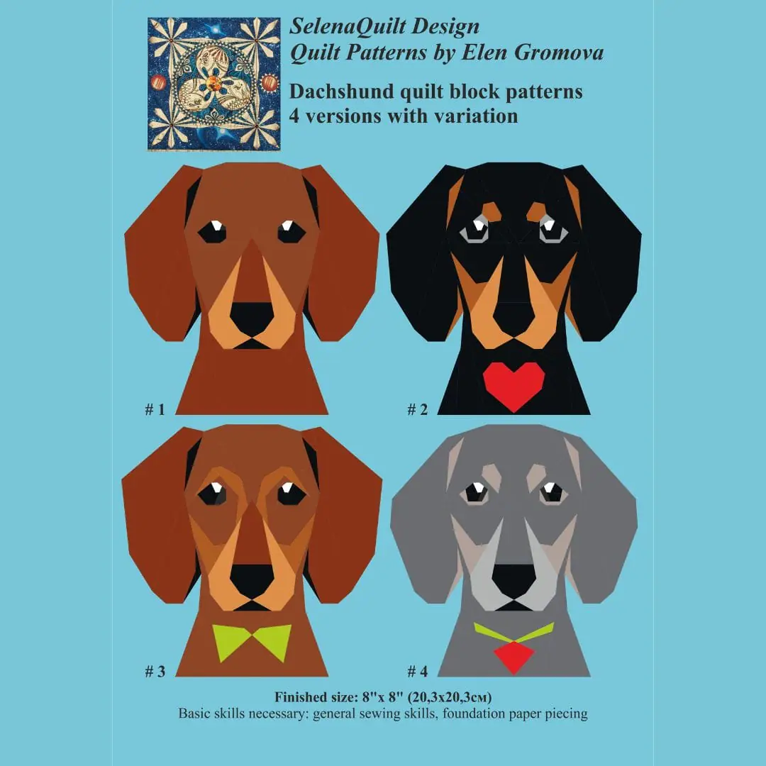 Dachshund quilt block patterns 4 versions paper piecing