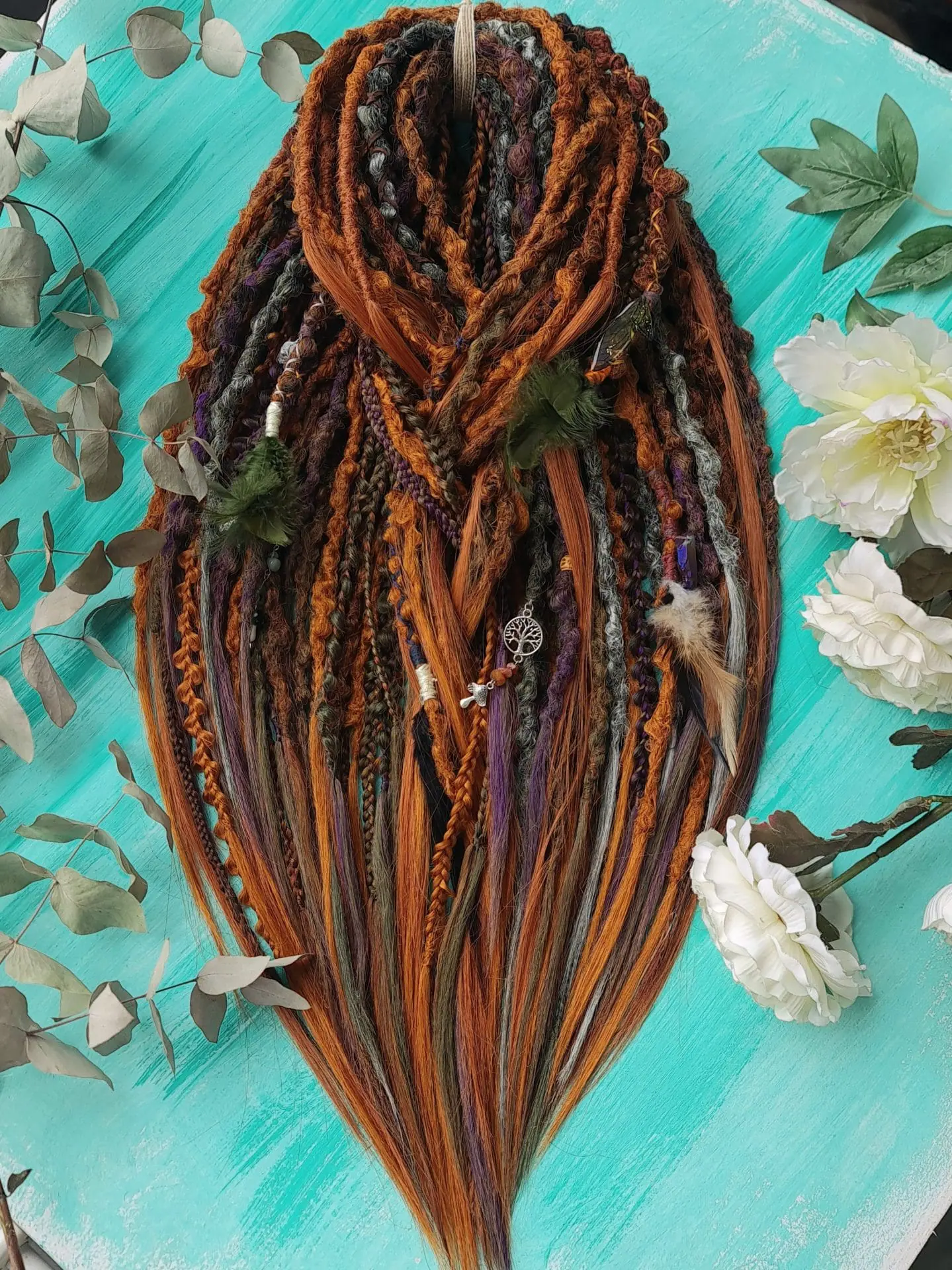 Ginger Brown Green mix of Synthetic textured dreadlocks - Crealandia