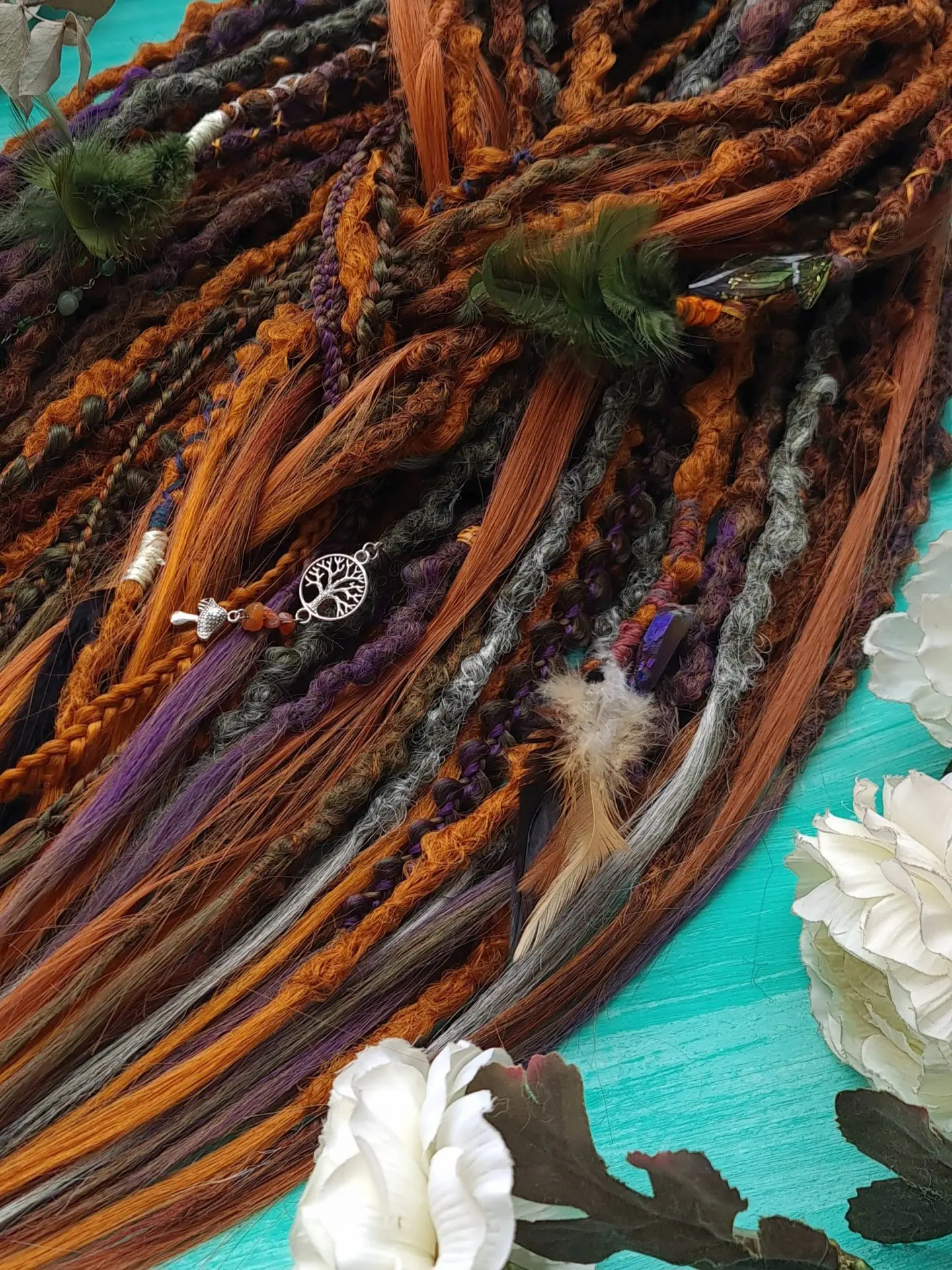 Ginger Brown Green mix of Synthetic textured dreadlocks - Crealandia