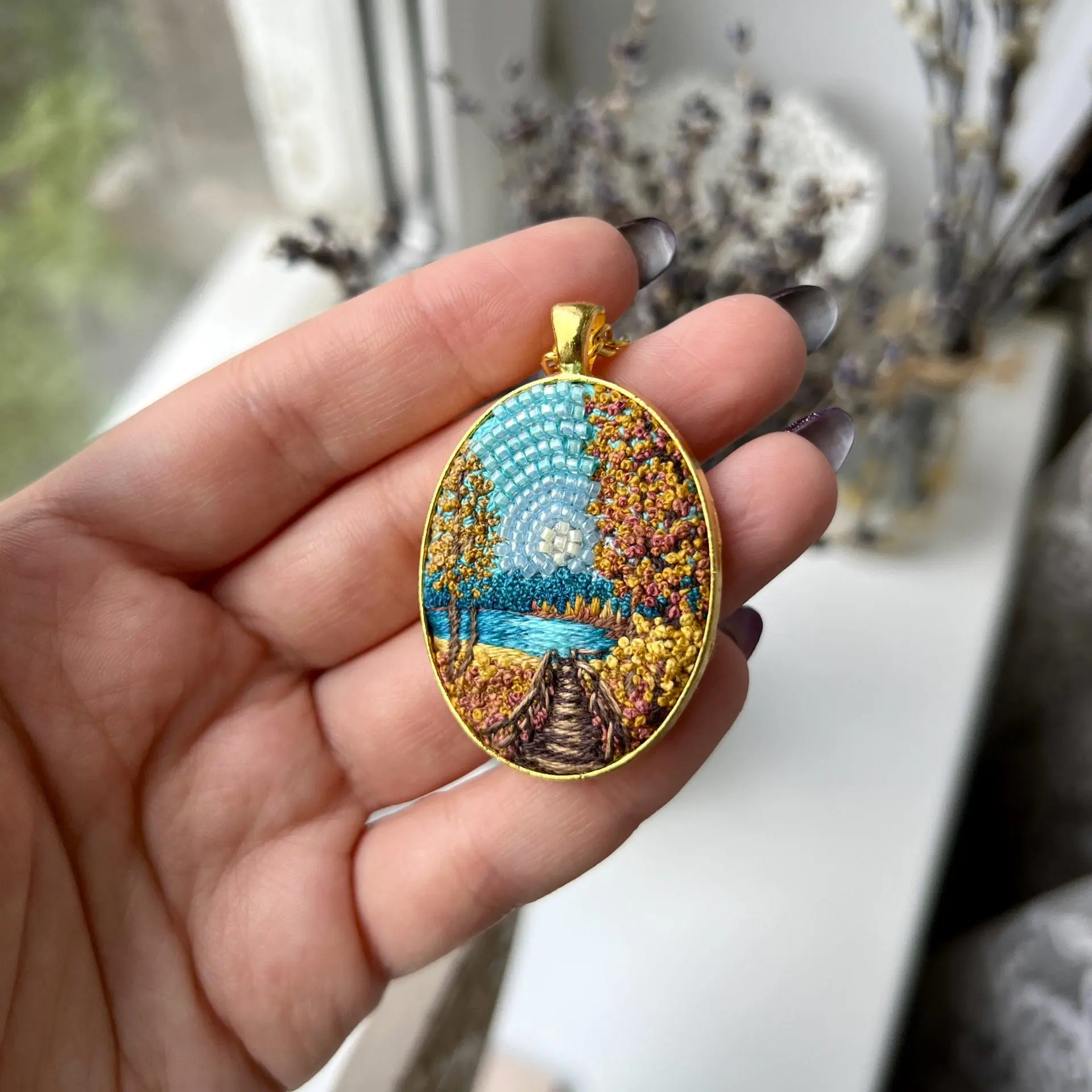 A set of three embroidered pendants, COMMISSIONED WORK - Crealandia