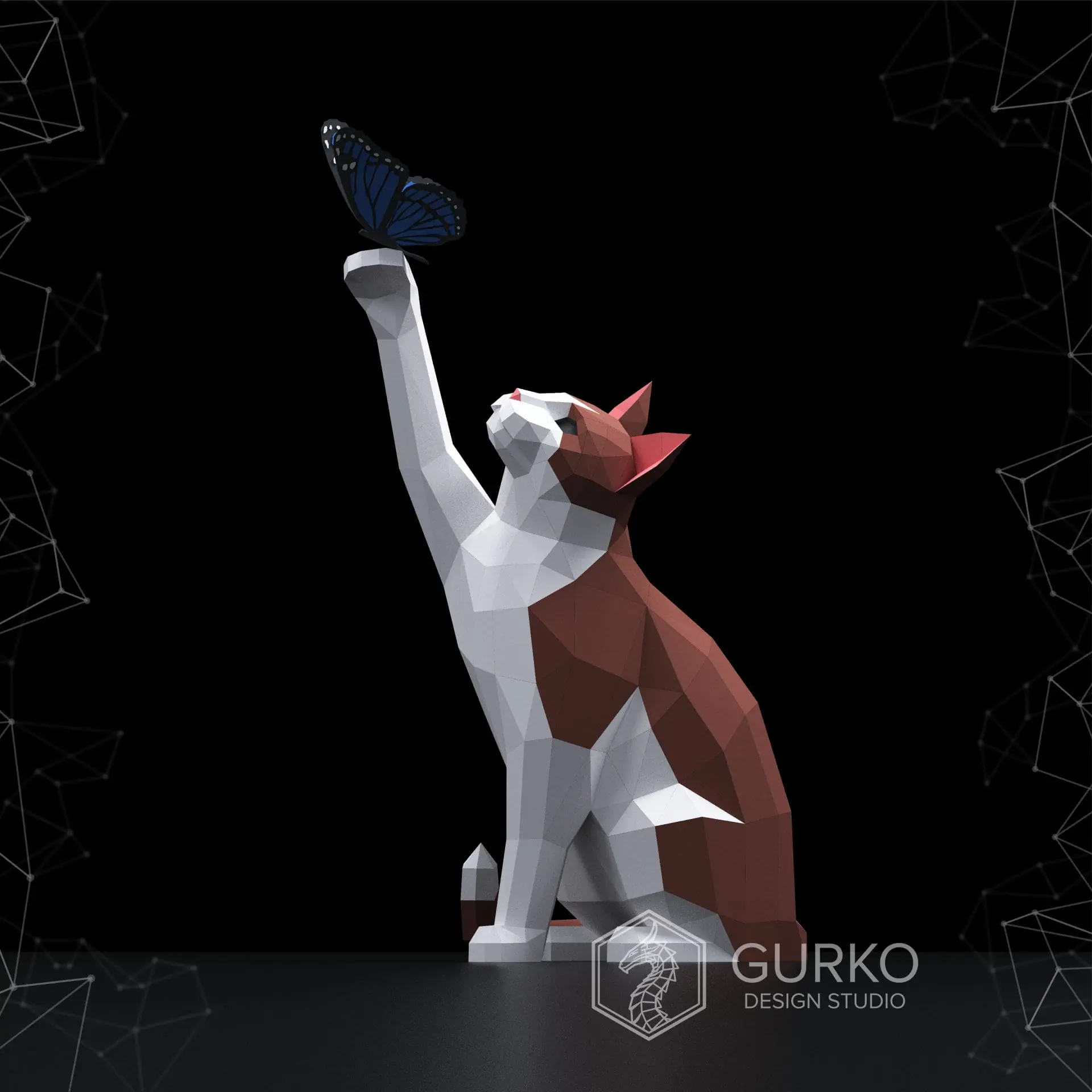 Papercraft Cat With Butterfly, Pdf, Gurko, Pepakura, Low Poly - Crealandia