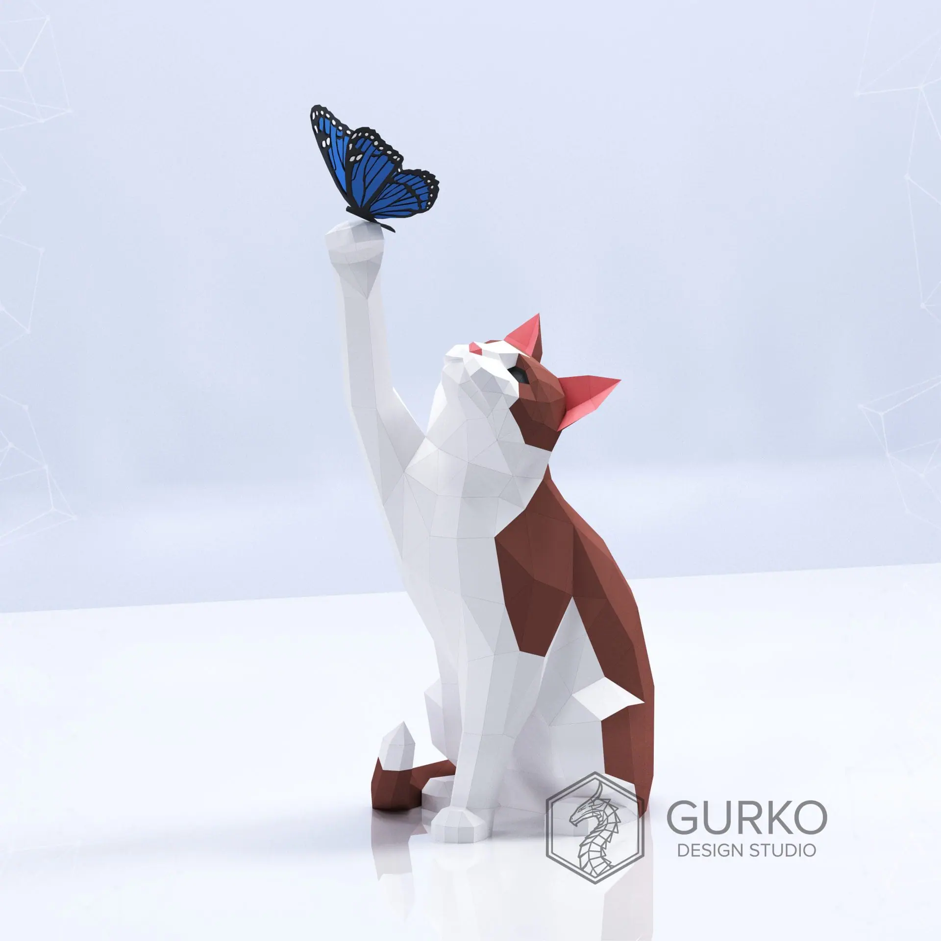 Papercraft Cat With Butterfly, Pdf, Gurko, Pepakura, Low Poly - Crealandia