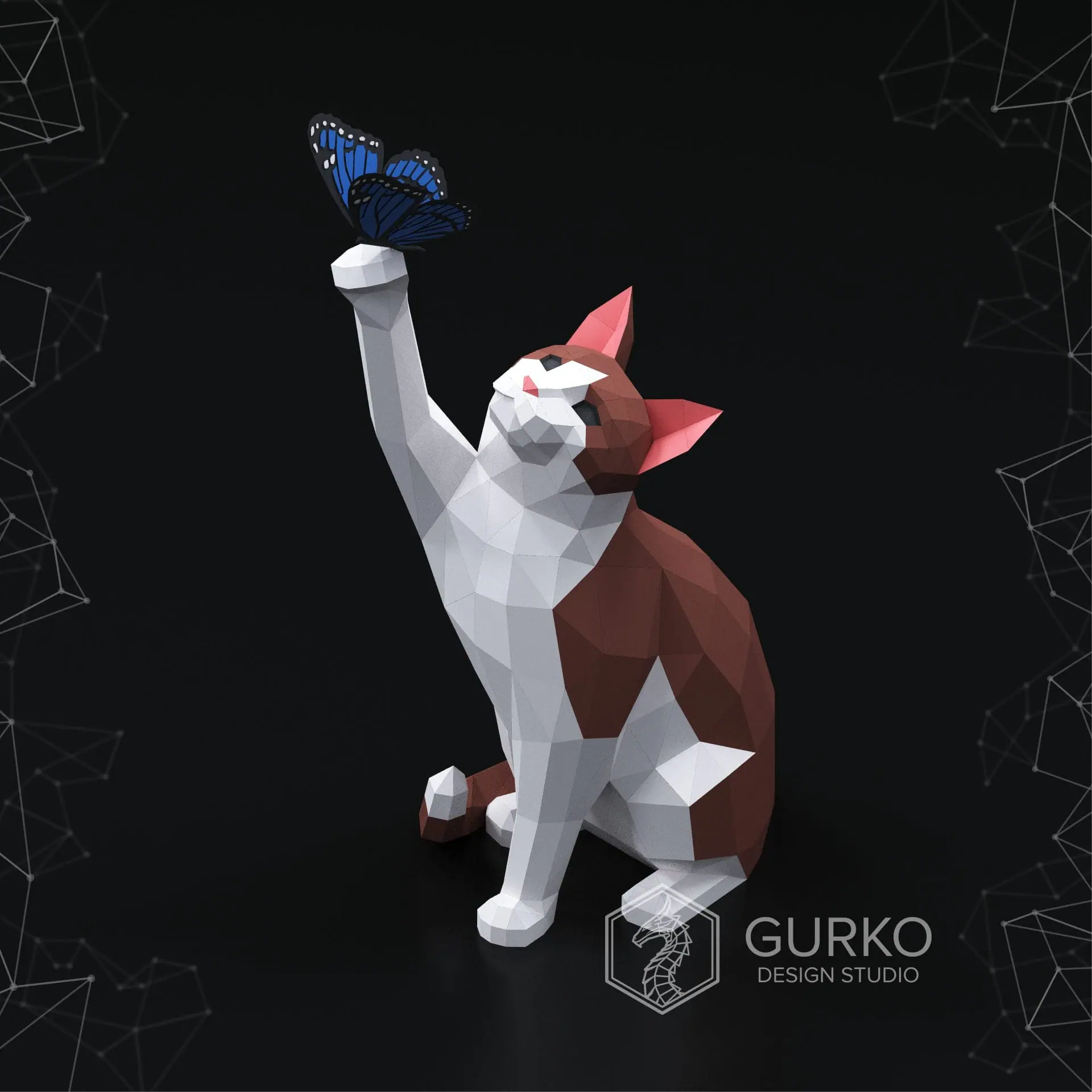 Papercraft Cat With Butterfly, Pdf, Gurko, Pepakura, Low Poly - Crealandia