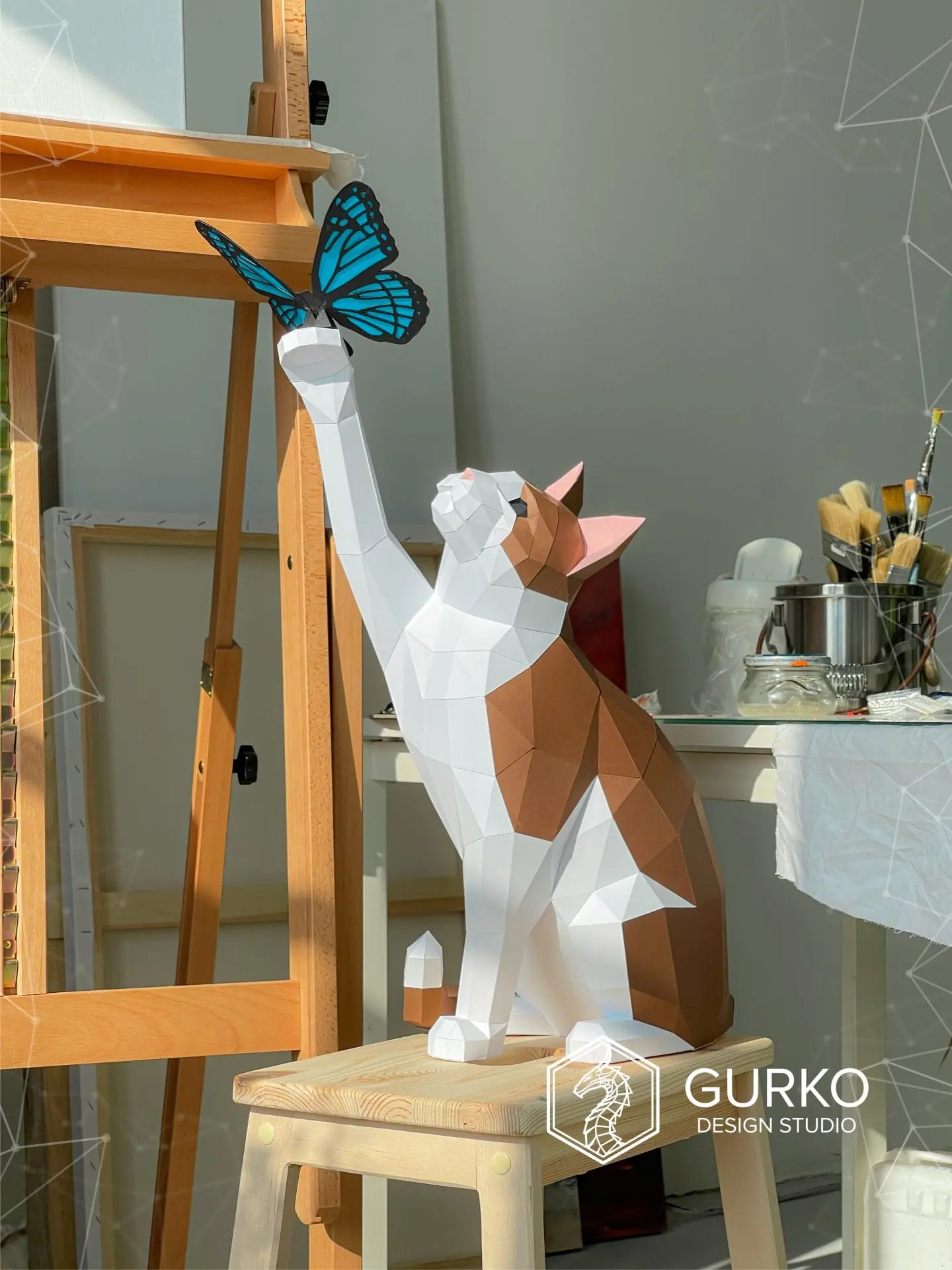Papercraft Cat With Butterfly, Pdf, Gurko, Pepakura, Low Poly - Crealandia