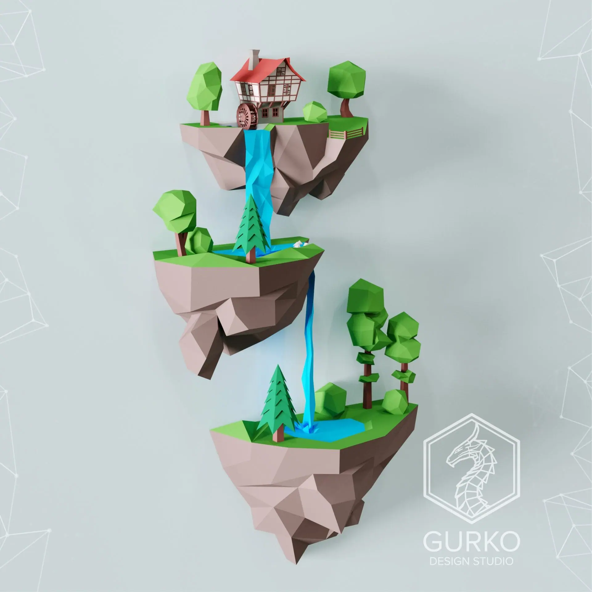 Papercraft Flying Island. Waterfall, Pdf, Gurko, Pepakura, DIY - Crealandia