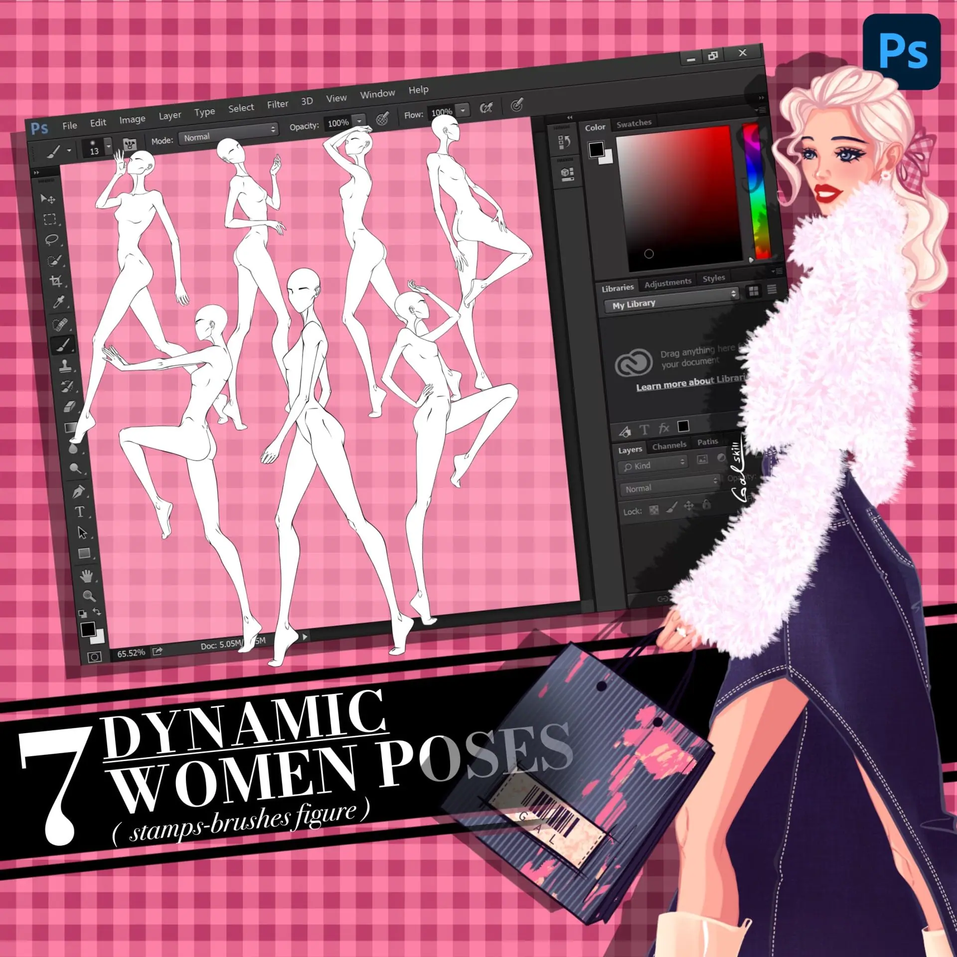 Photoshop brush, Body poses of female figure, set Dynamic - Crealandia