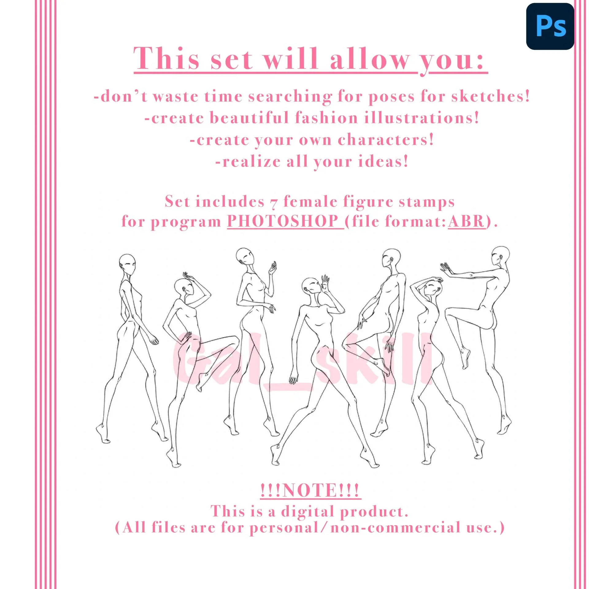 Photoshop brush, Body poses of female figure, set Dynamic - Crealandia